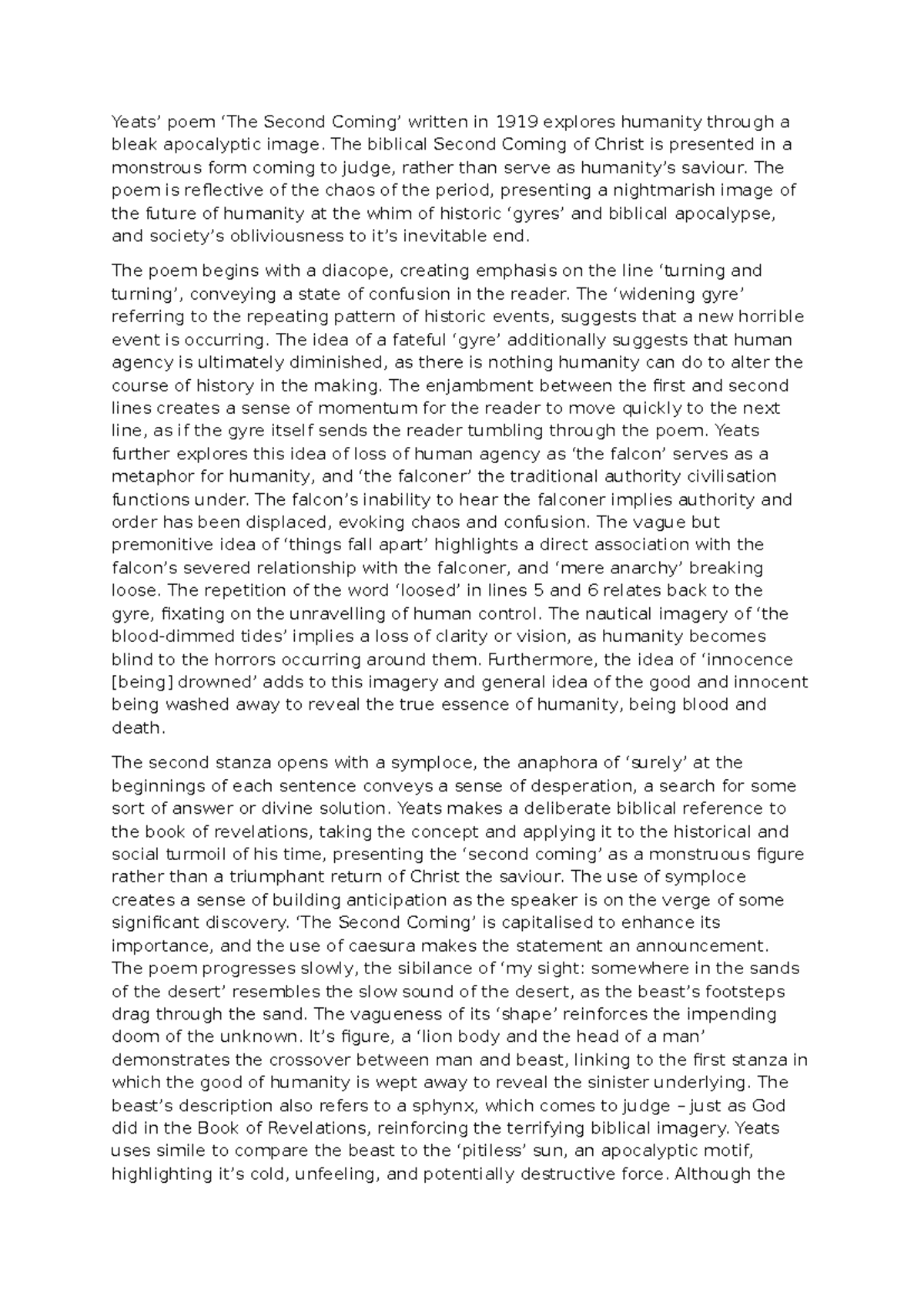 Second Coming Passage Analysis (Yeats Poetry) - Studocu