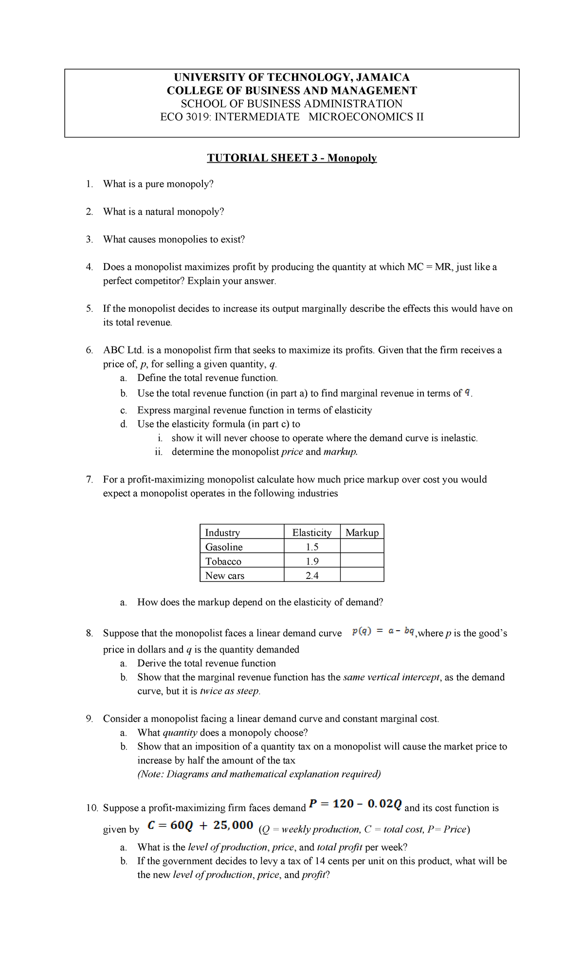 ECO3019 Tutorial Sheet 3: Understanding Monopoly Concepts and Impacts ...