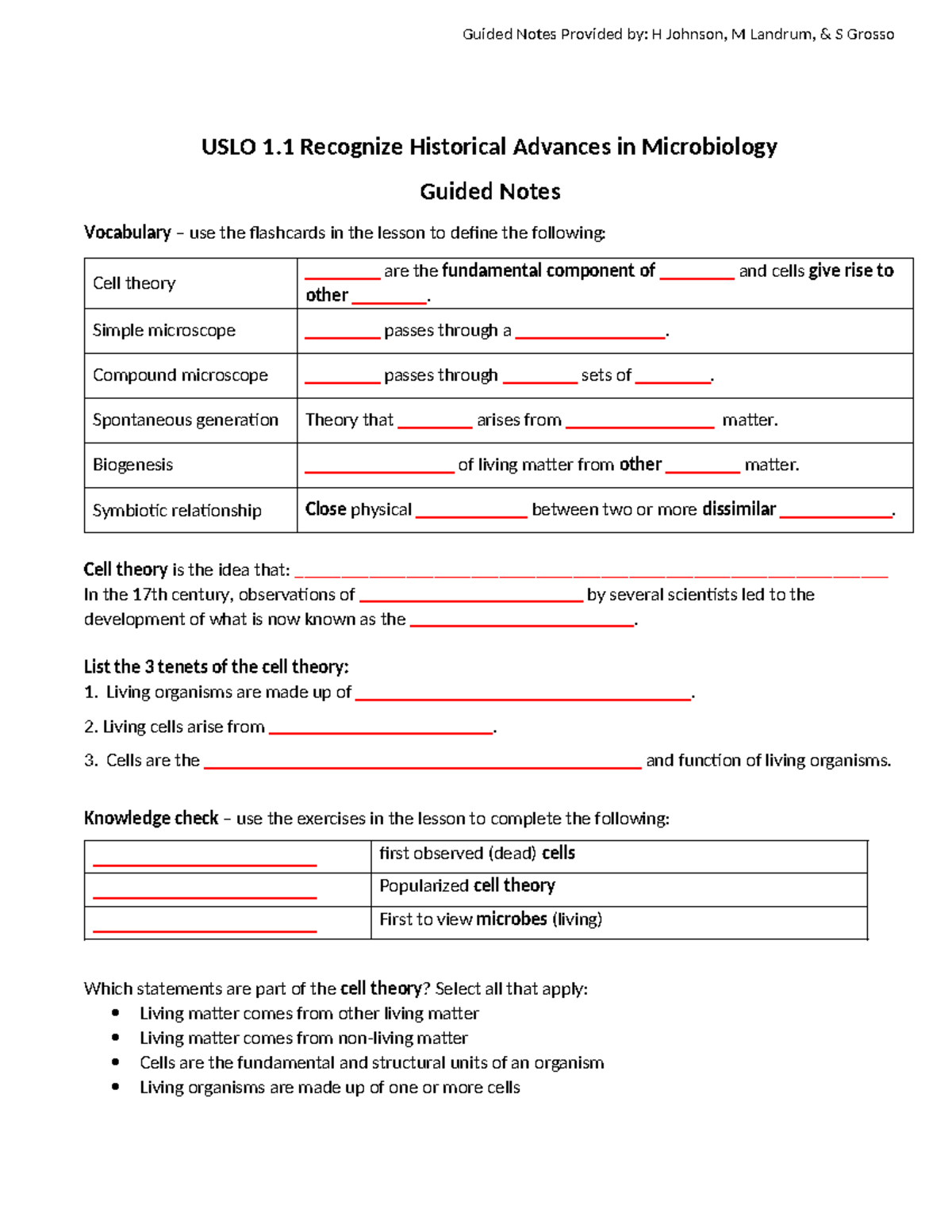 USLO1-1 Guided Notes: Understanding Microbial History and Cell Theory ...