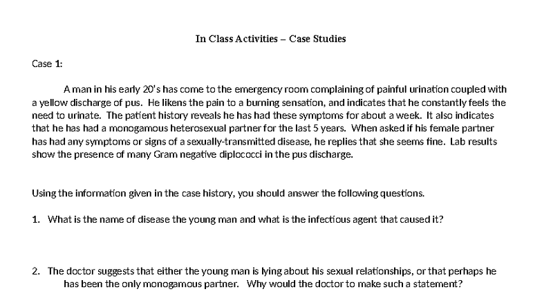 In-Class Activities: Case Studies on Infectious Diseases (Case 1 & 2 ...