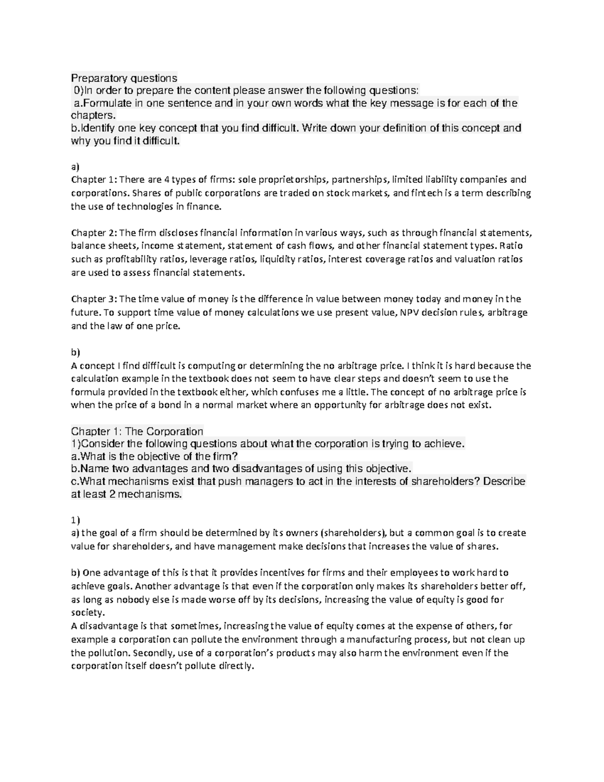 FIN 101: Week 1 Homework Exercises on Corporate Finance Concepts ...