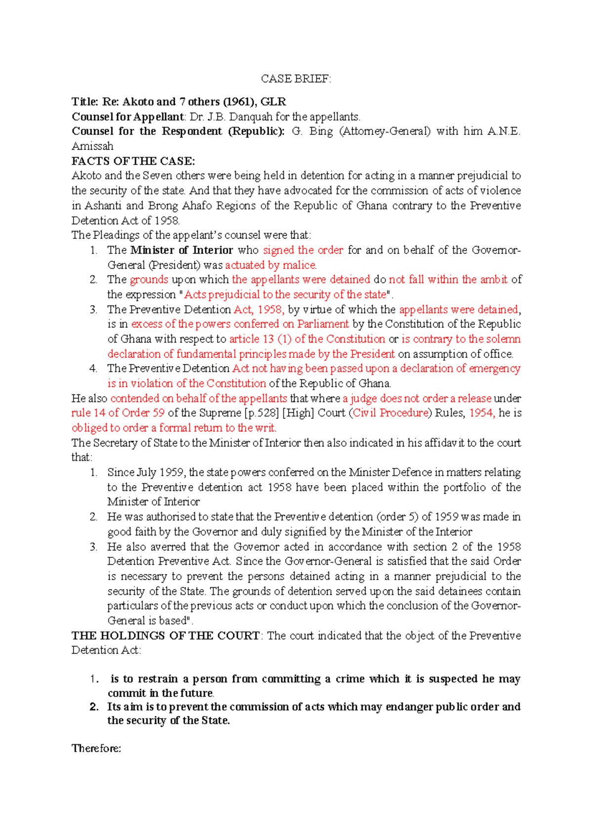 CASE Brief - Re- Akoto and 7 Others - CASE BRIEF: Title: Re: Akoto and ...