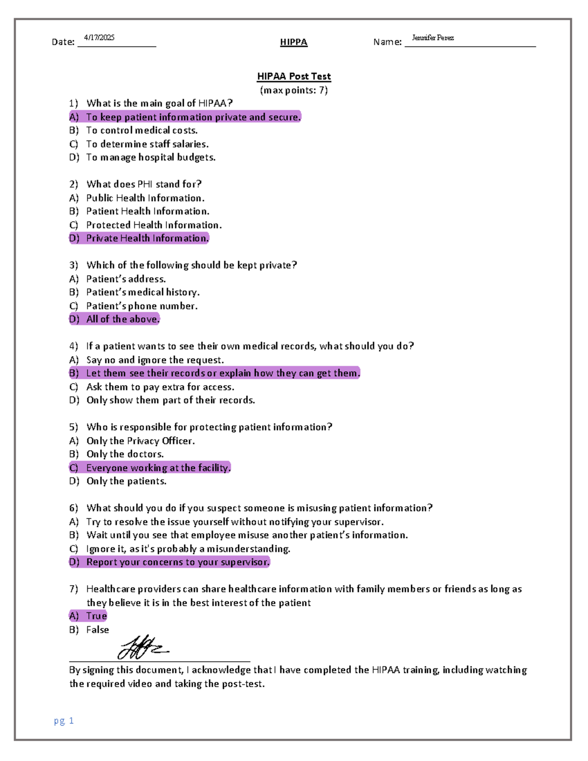 HIPAA Post Test Notes - Key Concepts and Questions (Max Points: 7 ...