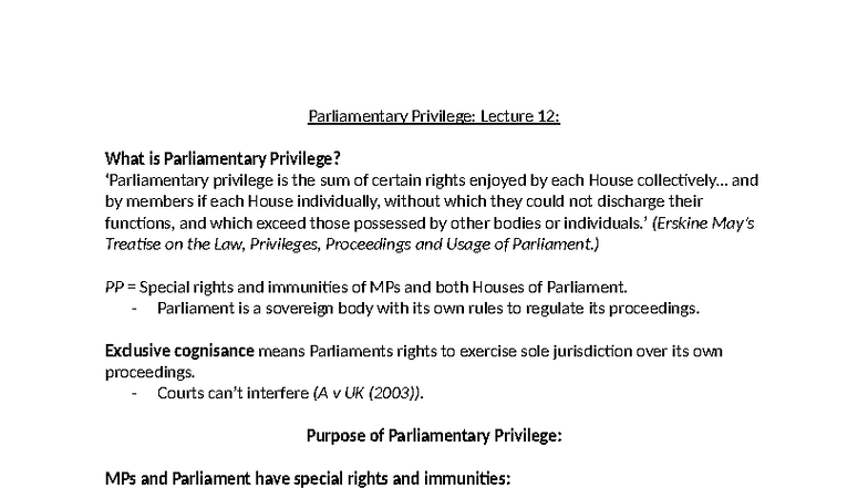 Parliamentary Privilege: Lecture 12 Overview and Key Concepts - Studocu