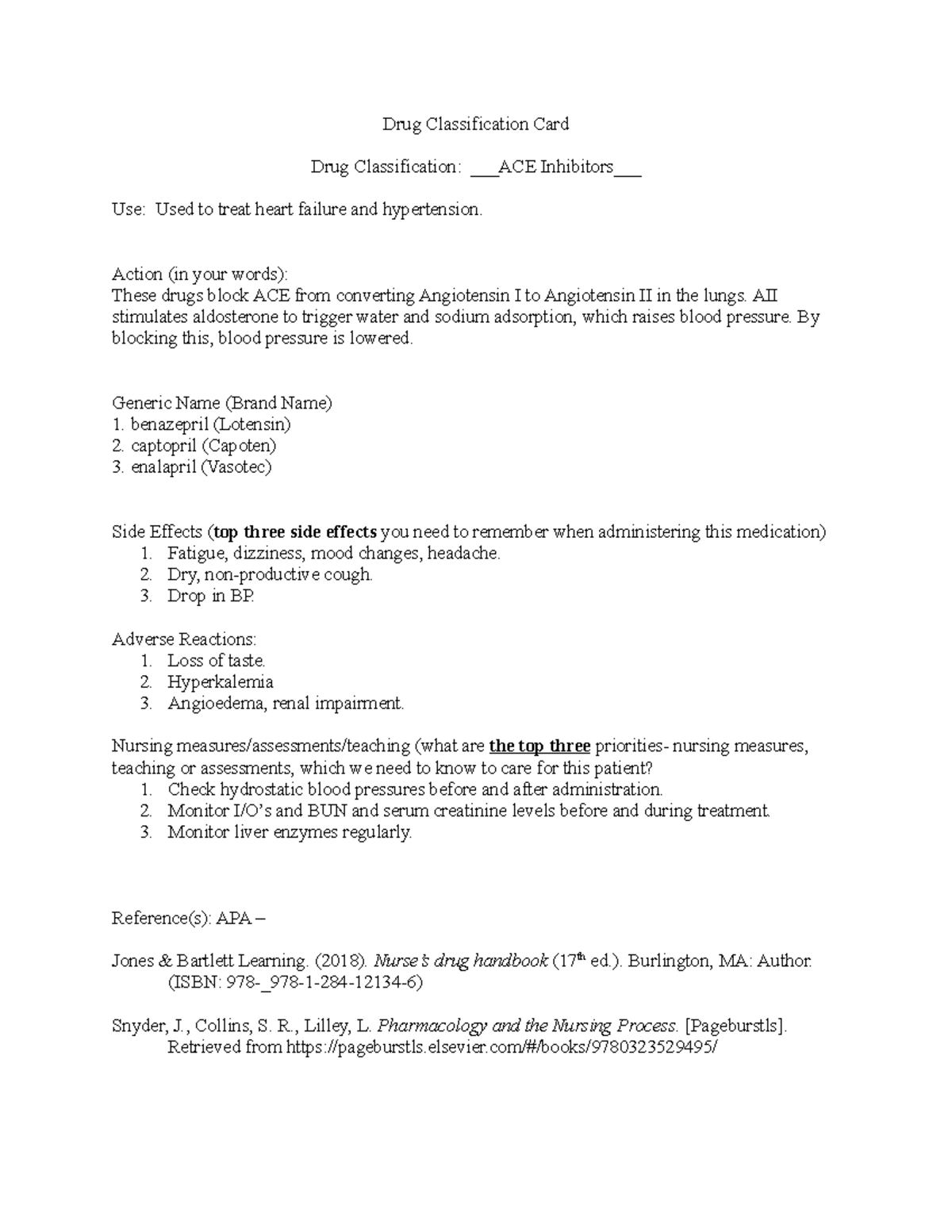 ACE Inhibitor Drug Classification Card and Nursing Measures - Studocu