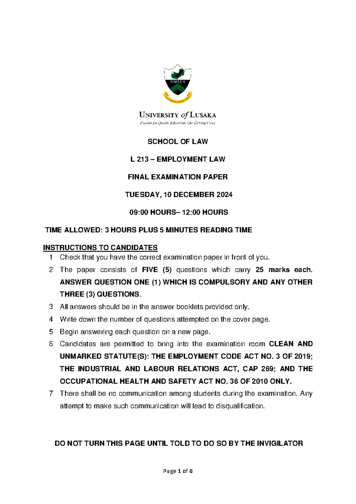 L 213 Employment Law Final Exam Paper - December 10, 2024 - Studocu