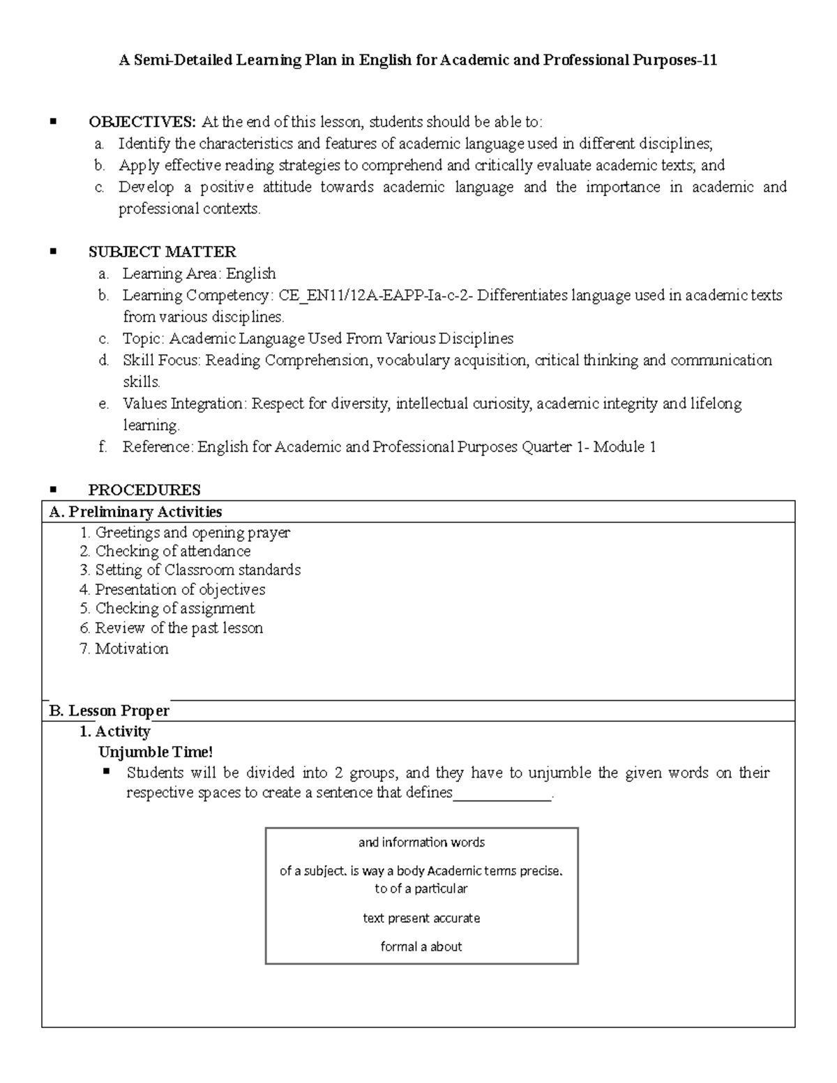 Learning Plan for EAPP Module 1: Lesson 1 on Academic Language - Studocu