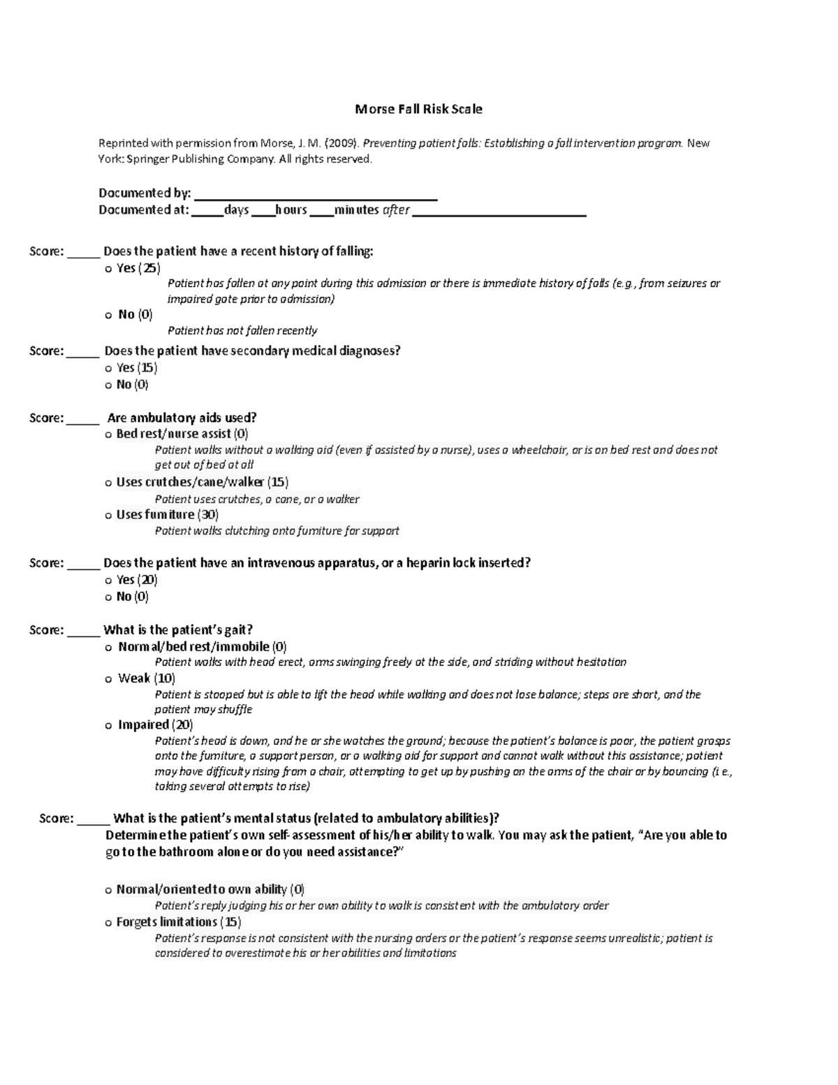 Morse Fall Risk Scale Assessment Tool - Studocu