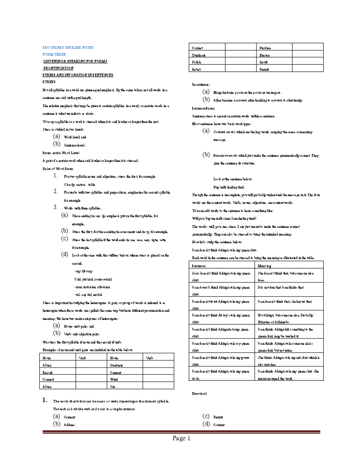FORM 3 English Notes: Stress, Intonation, and Oral Literature ...