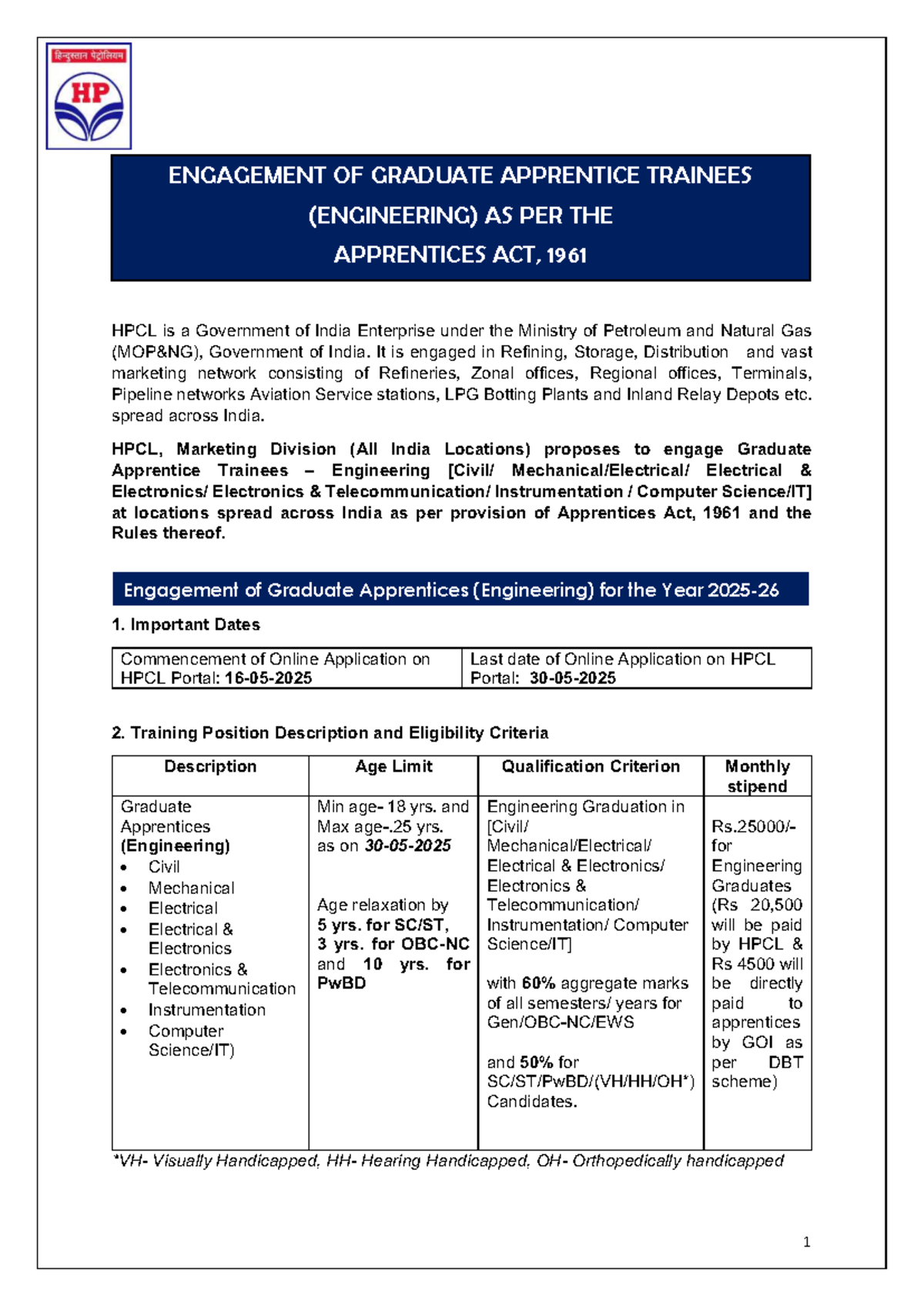 Engagement of HPCL Graduate Apprentice Trainees 2025-26 Advertisement ...