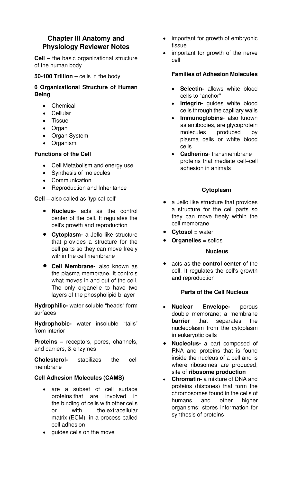 Cell Anatomy and Physiology: Reviewer Notes for BIOL 101 - Studocu