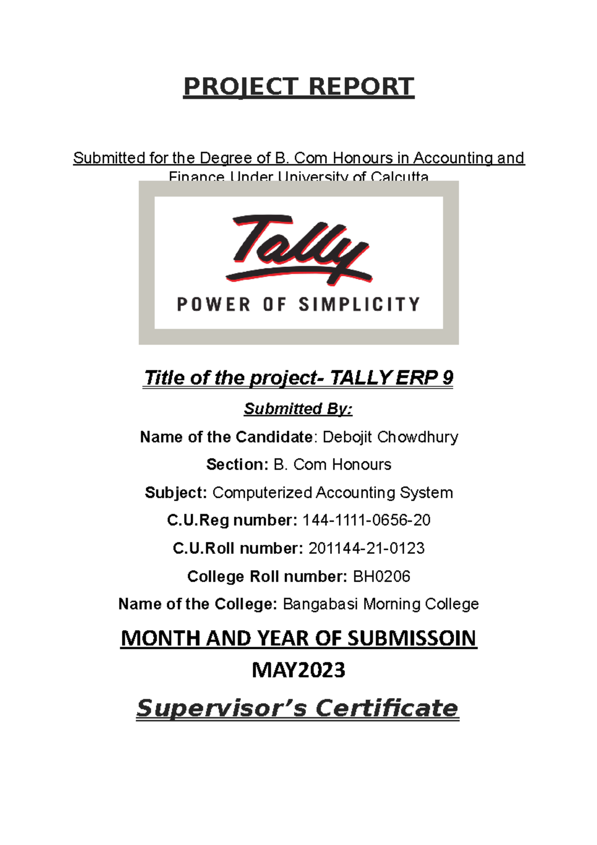 TALLY ERP 9 Project Report by Debojit Chowdhury for B.Com Hons - Studocu