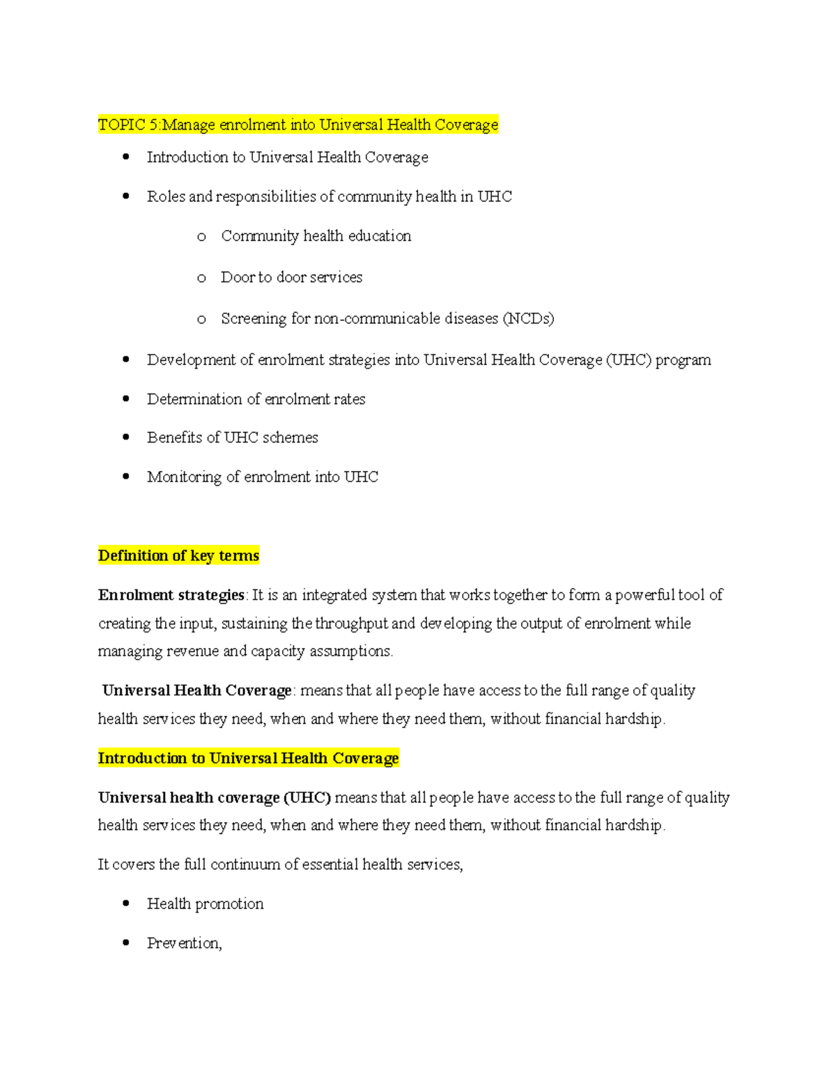 Topic 5: Managing Enrolment in Universal Health Coverage (UHC) - Studocu