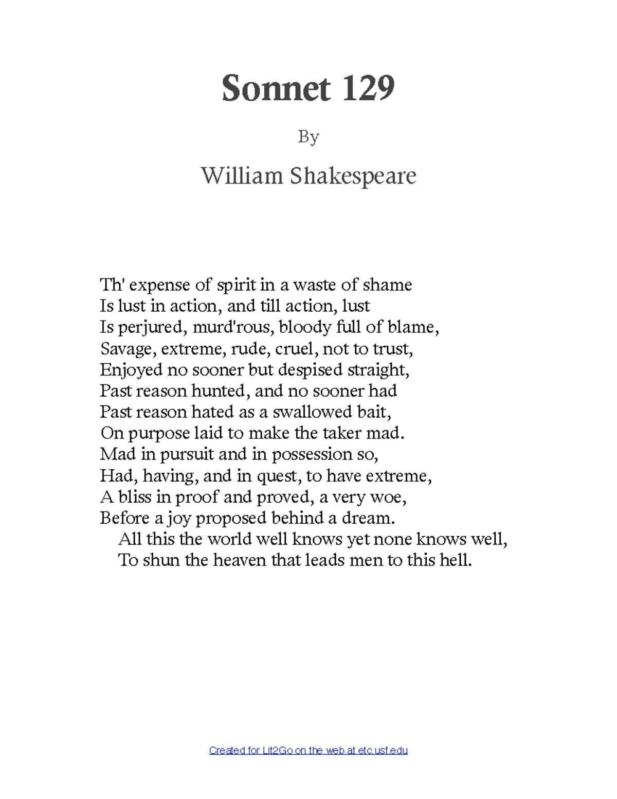 SHAKESPEARE: Analysis of Sonnet 129 - Lit2Go Document - Studocu