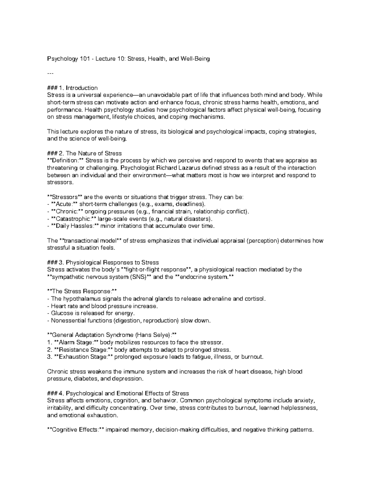 Psychology 101 Lecture 10: Understanding Stress and Health - Studocu