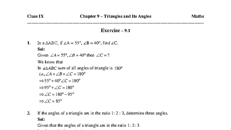 Class IX Maths Chapter 9: Triangles and Their Angles Exercises - Studocu