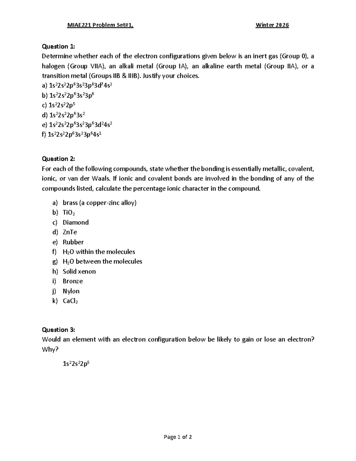 MIAE221 Practice Problem Set #1: Electron Configurations & Bonding ...
