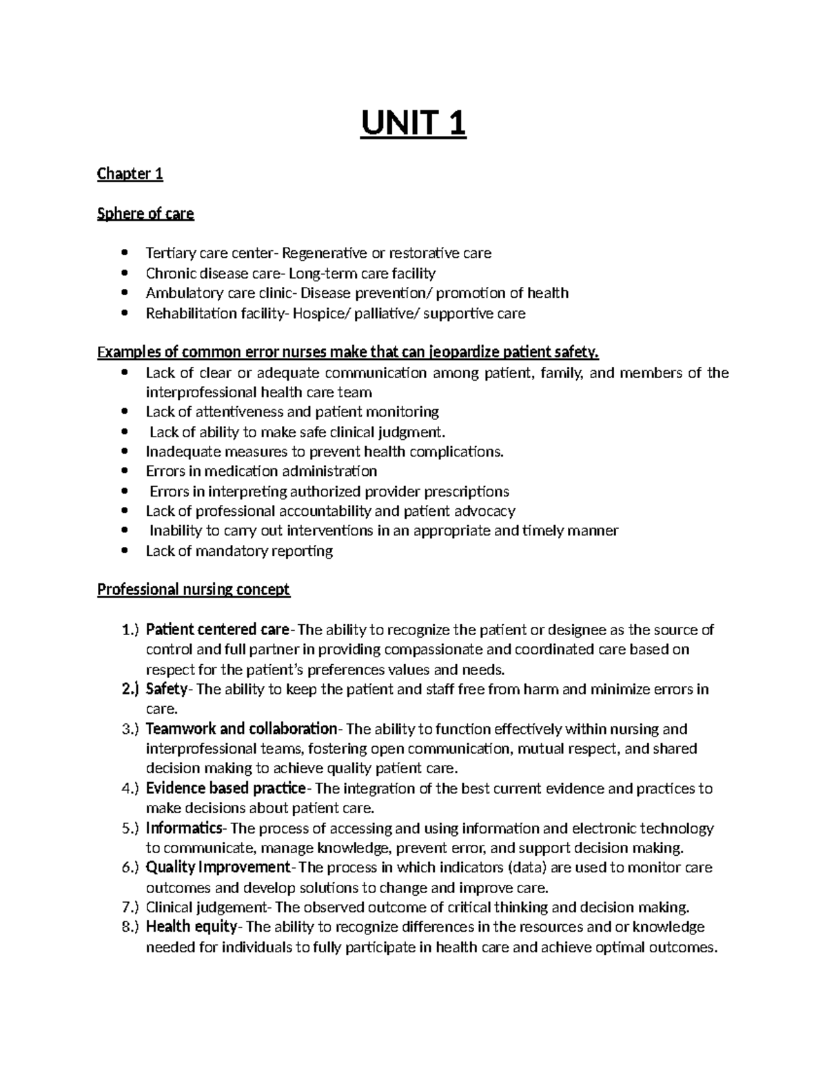 Unit 1 - Med-Surg Study Guide: Key Concepts and Patient Safety ...