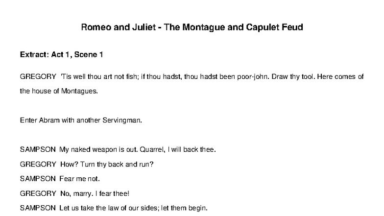 Romeo and Juliet (ENG 101) Worksheet: The Montague-Capulet Feud ...