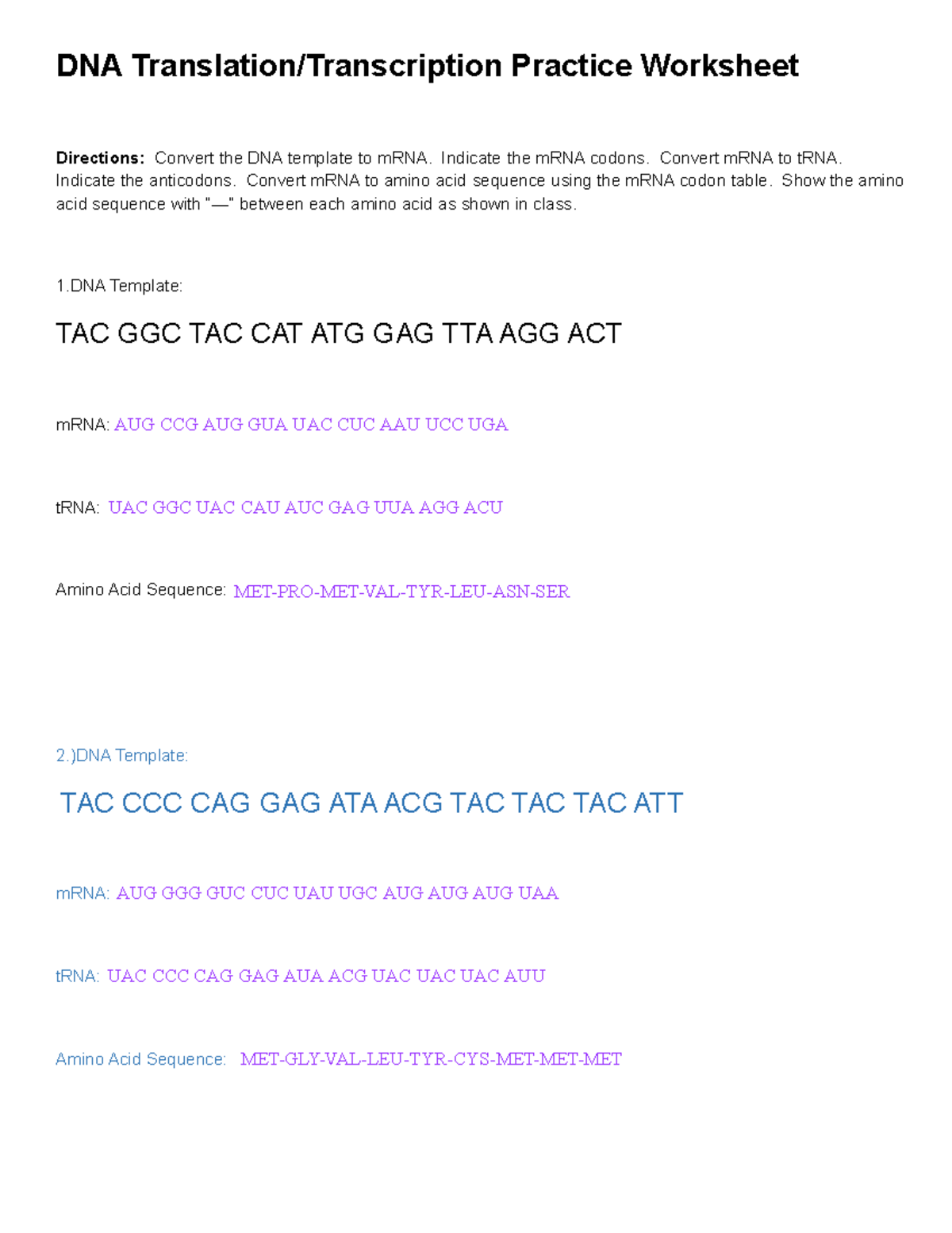 DNA Translation Transcription Practice Worksheet - DNA Translation ...