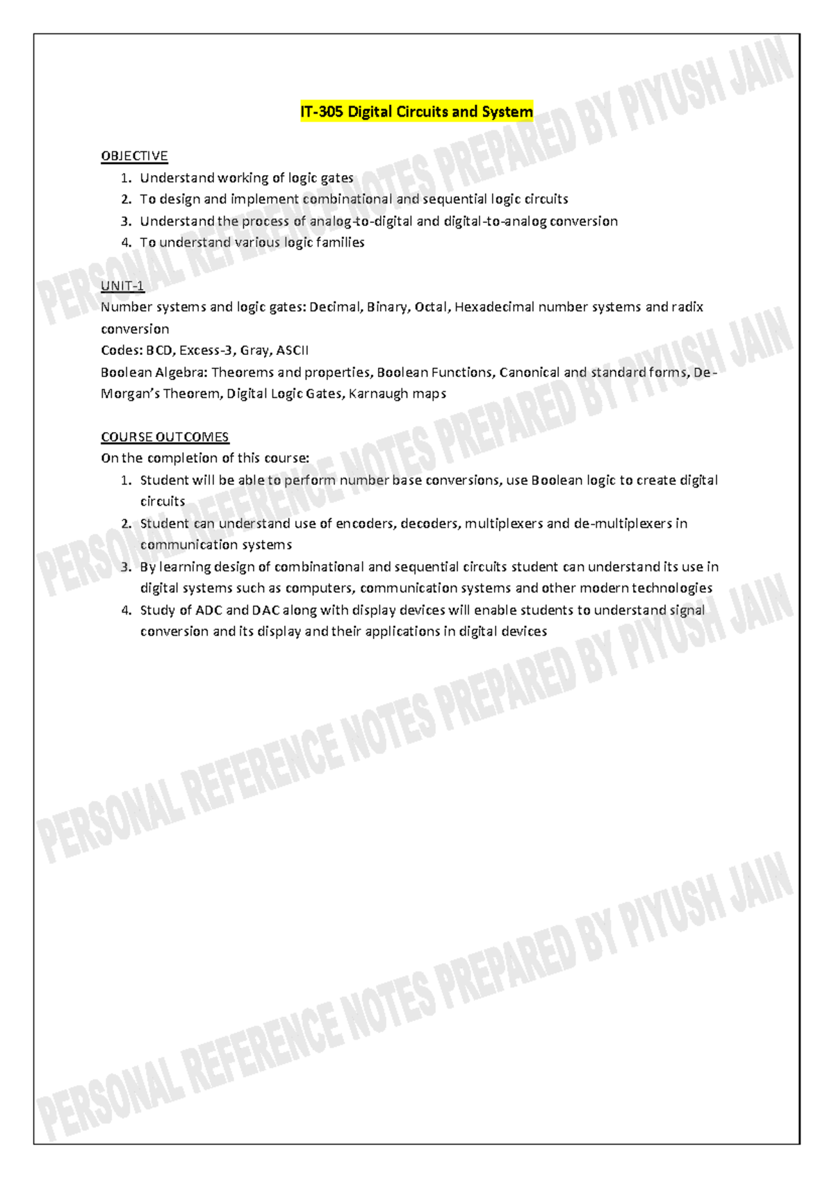 IT-305 DCS Unit 1 - Comprehensive Theory Notes on Digital Circuits ...