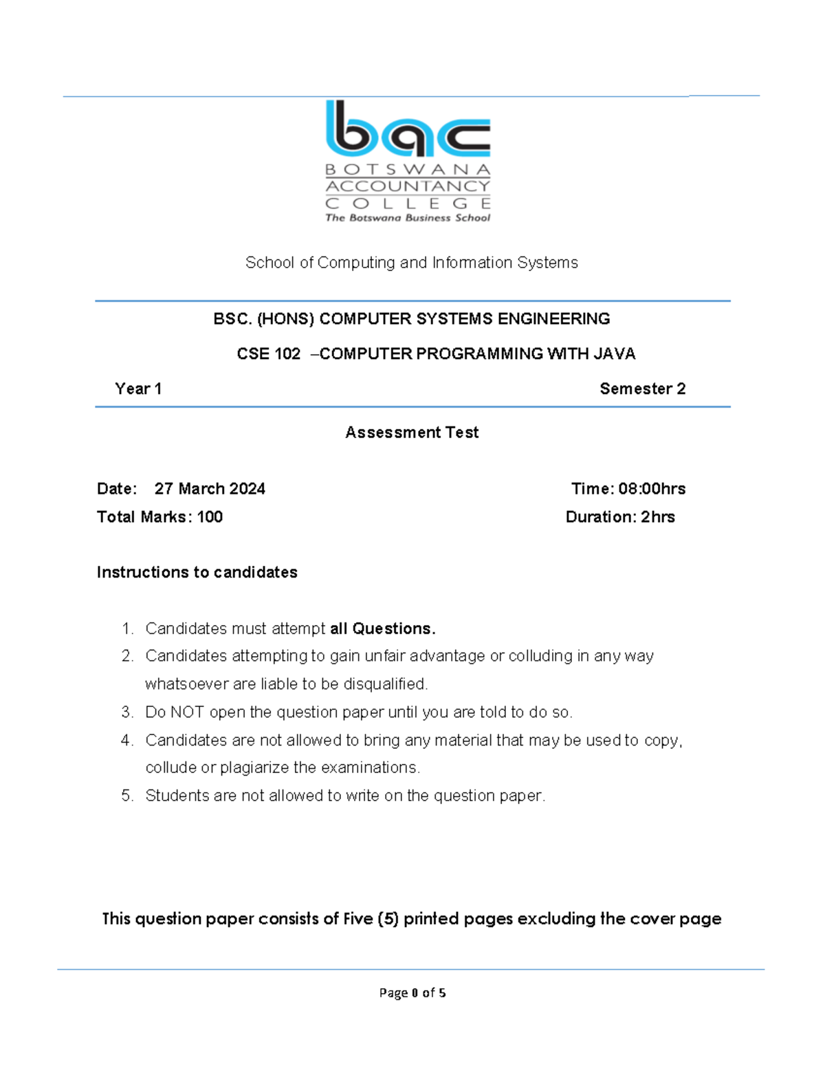 CSE 102 Java Assessment Test - Year 1 Semester 2 - March 2024 - Studocu