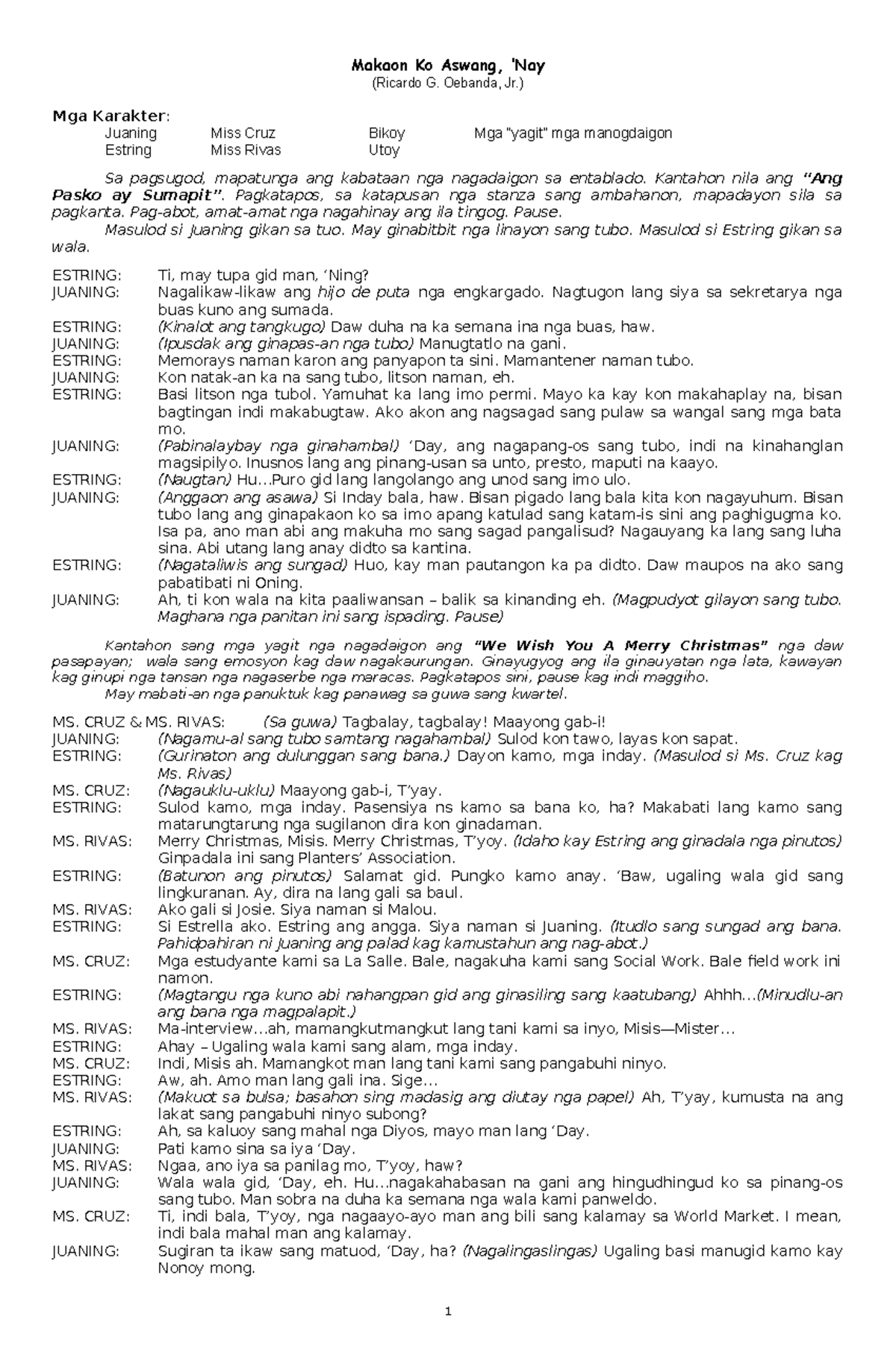 Makaon Ko Aswang: Play Script Analysis and Character Insights - Studocu