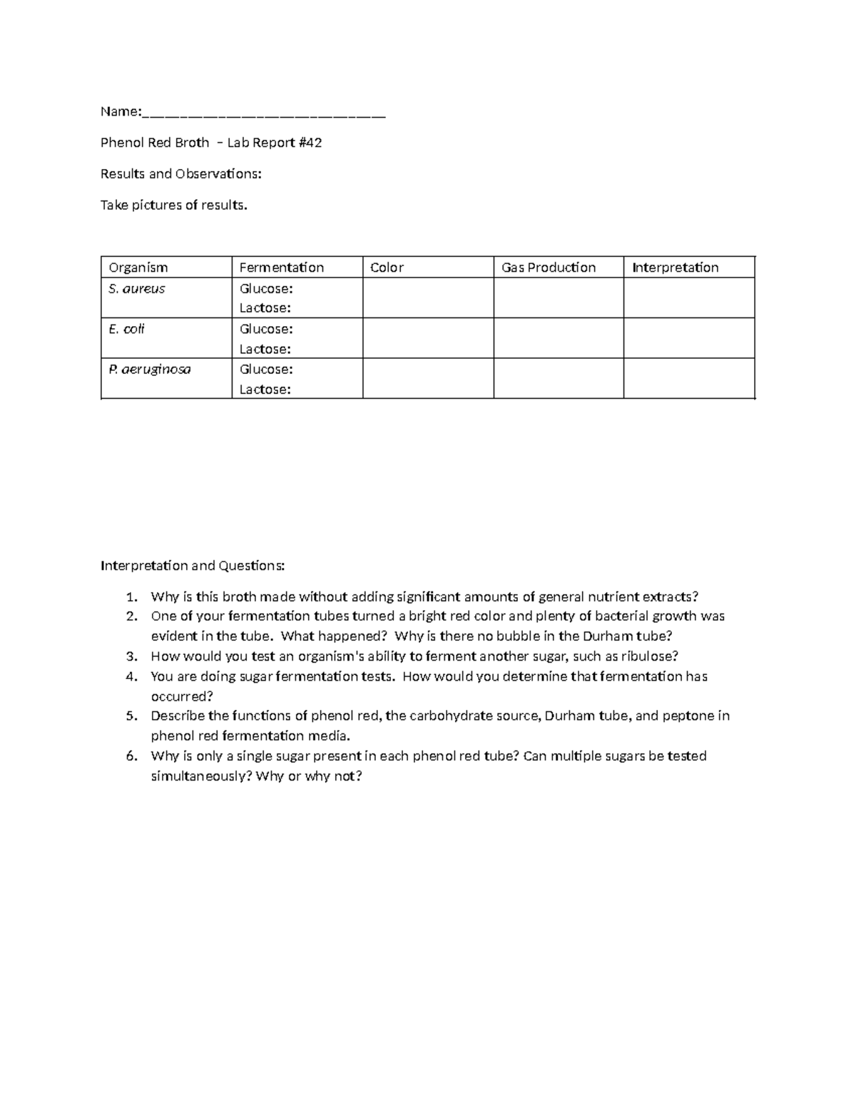 Lab Report 42 - Phenol Red Broth Fermentation Analysis - Studocu
