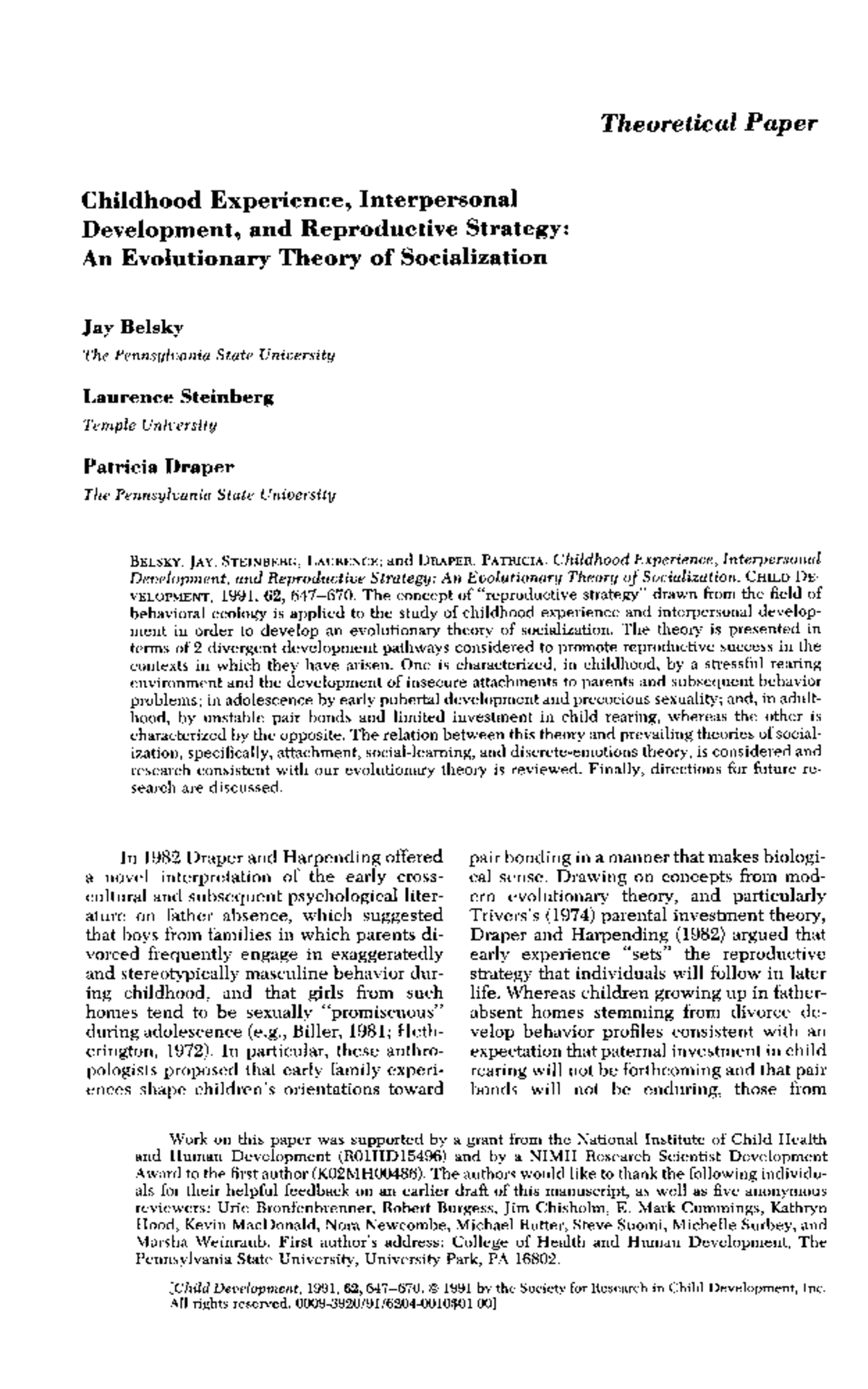 Interpersonal Development & Reproductive Strategy: An Evolutionary ...