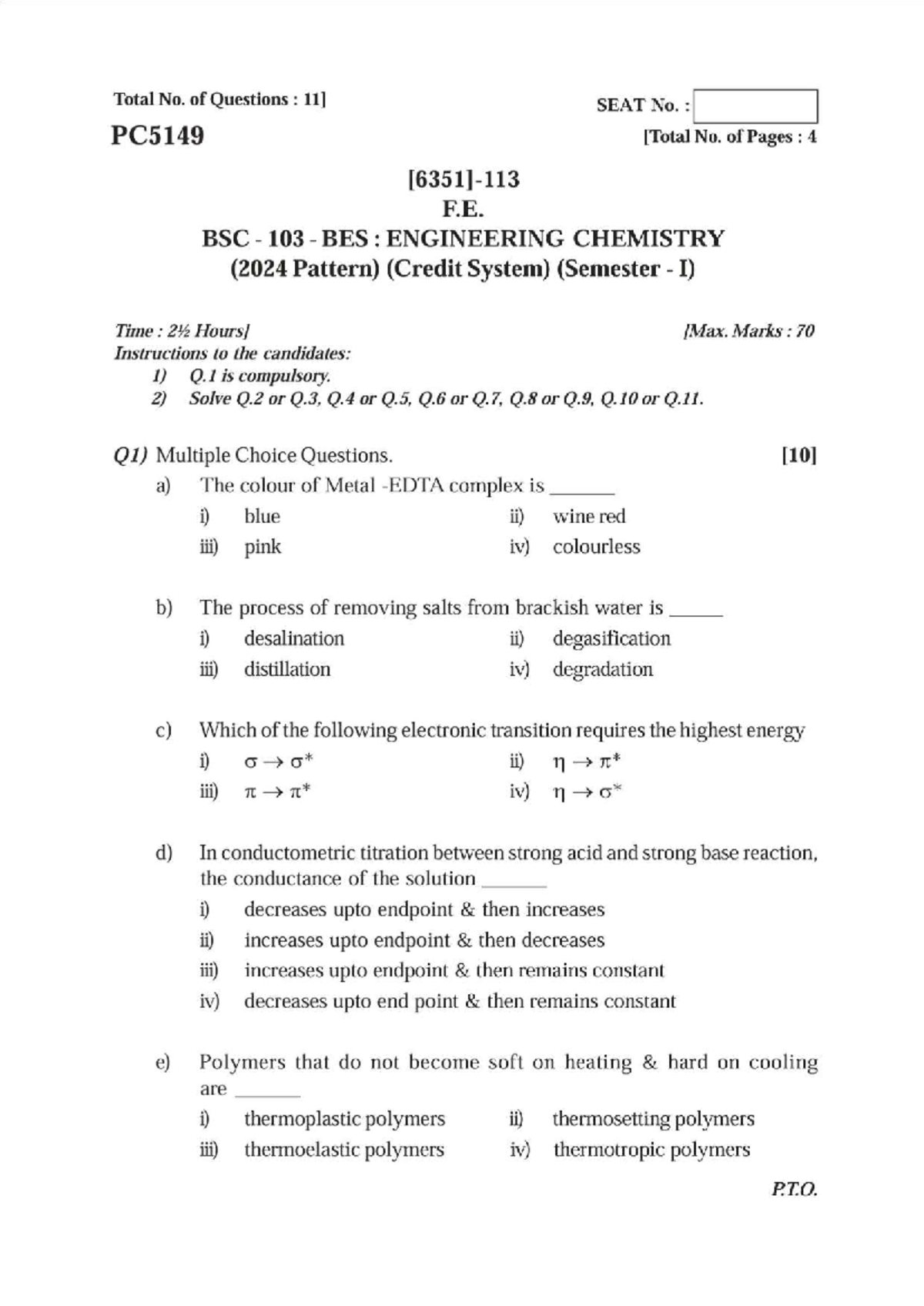 CHE 2024 Pattern Engineering Chemistry Solved Endsem Paper - Studocu