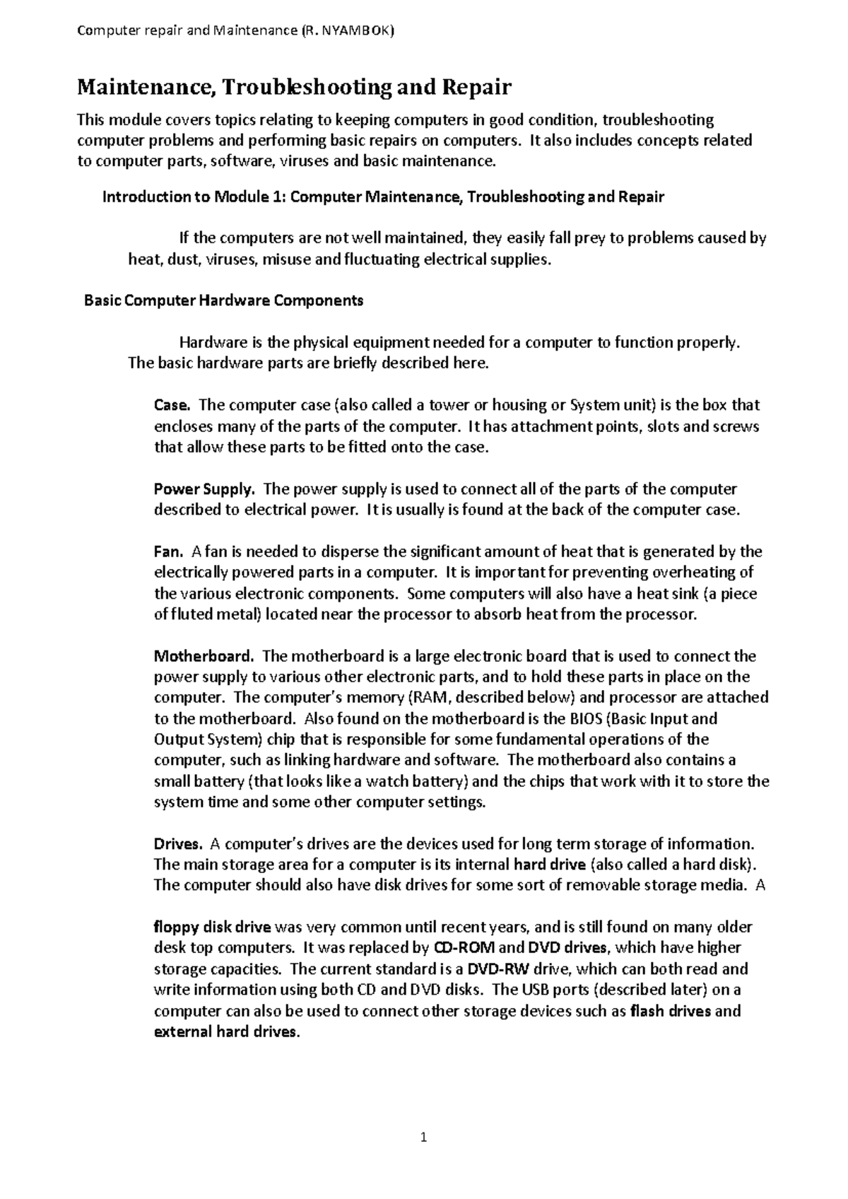 7660-computer-maintenance-and-repair DONE - Maintenance, Troubleshooting and Repair This module ...