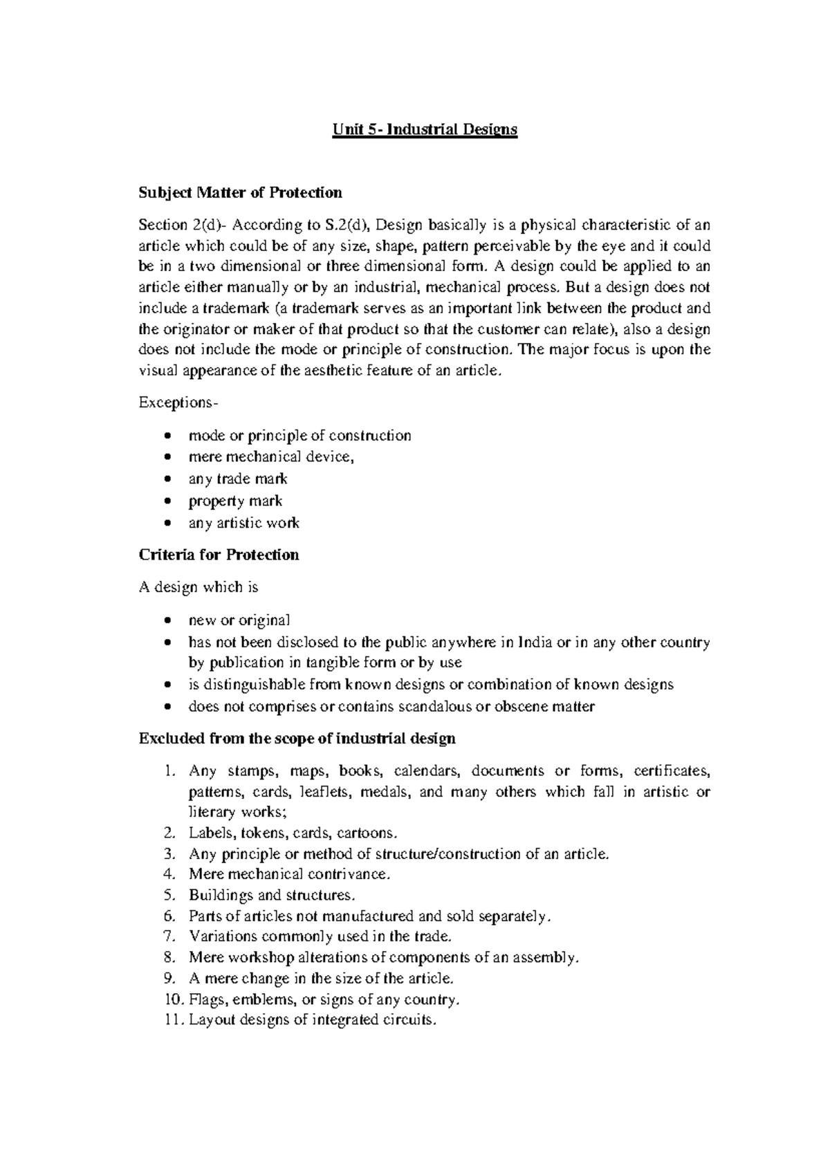Unit 5: Industrial Designs - Protection and Registration Overview - Studocu