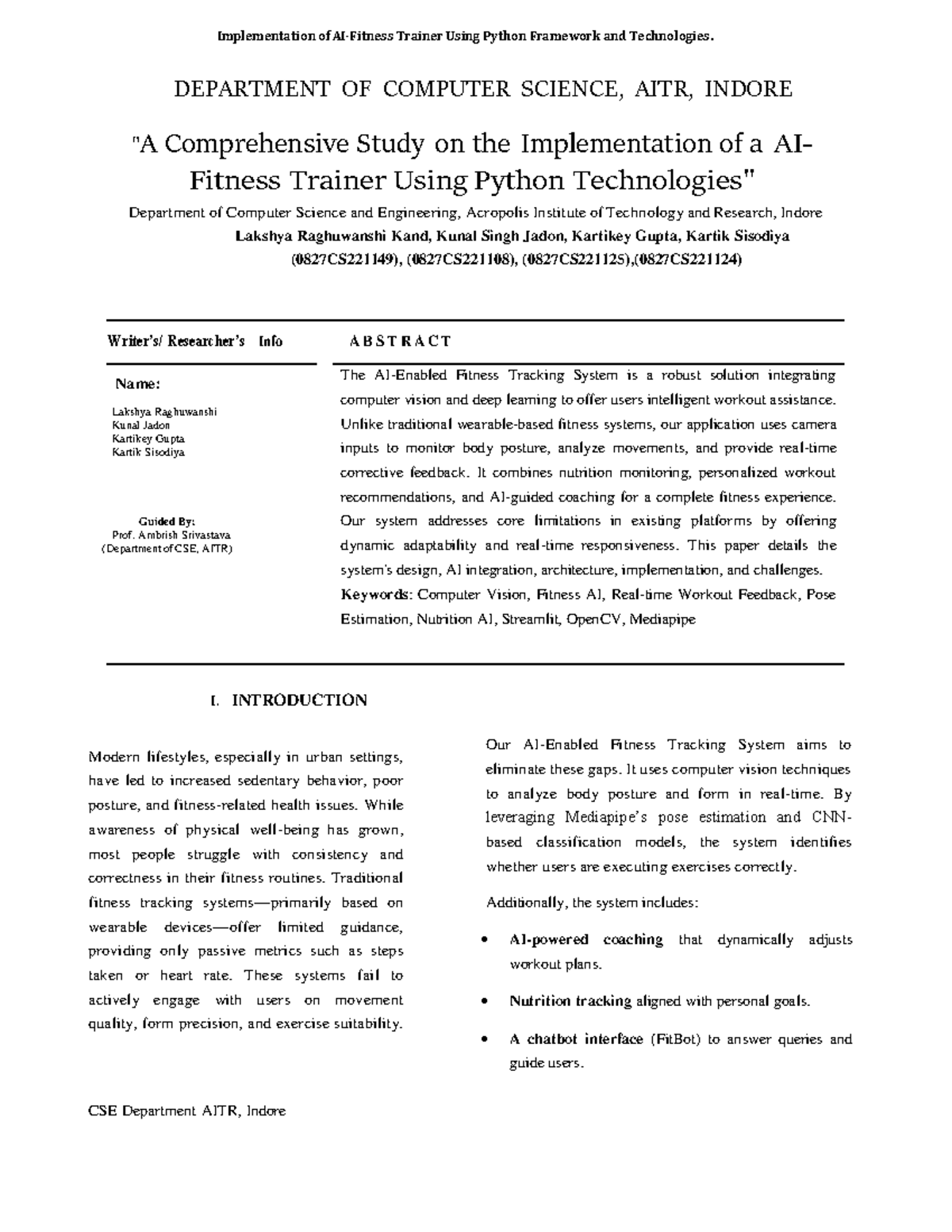 Implementation of AI-Driven Fitness Tracking System Using Python (CSE 0827) - Studocu