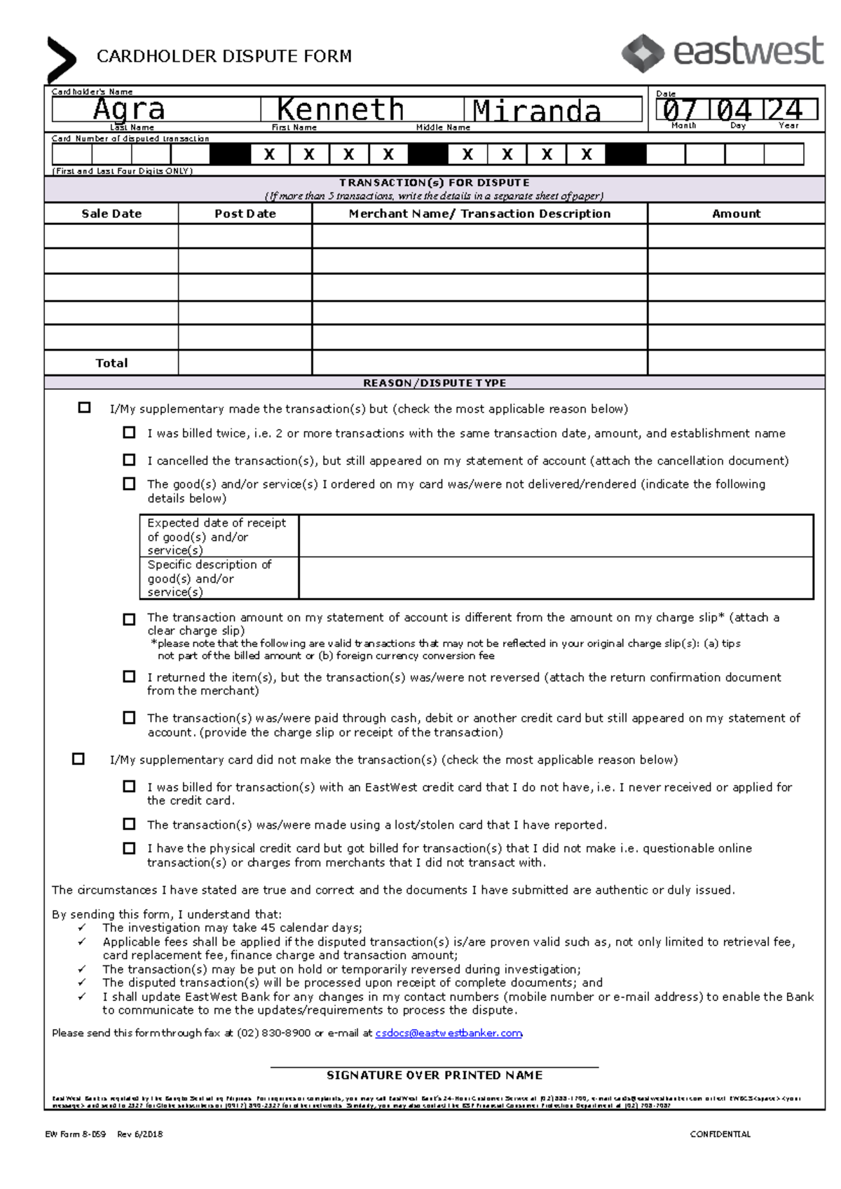 Dispute Letter - EW Form 8-059 for Cardholder Transactions - Studocu