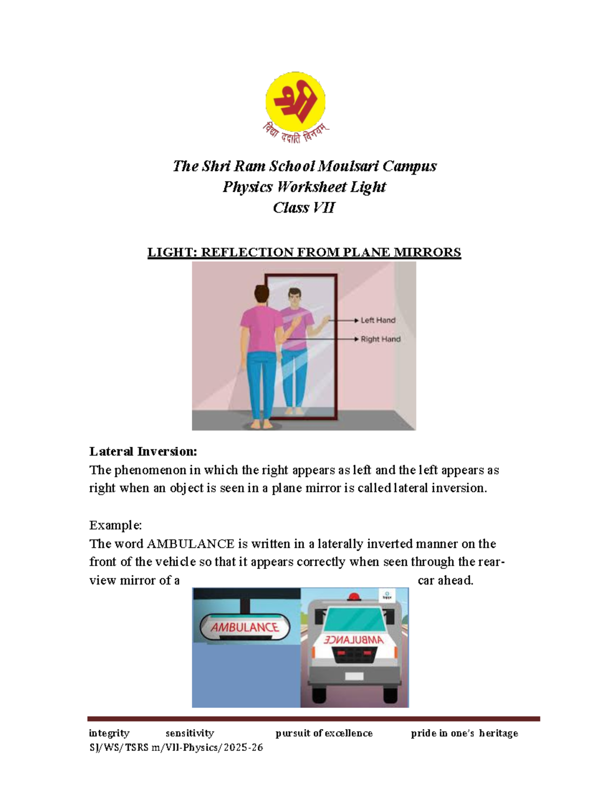 Class VII Physics Worksheet: Light - Reflection from Plane Mirrors ...