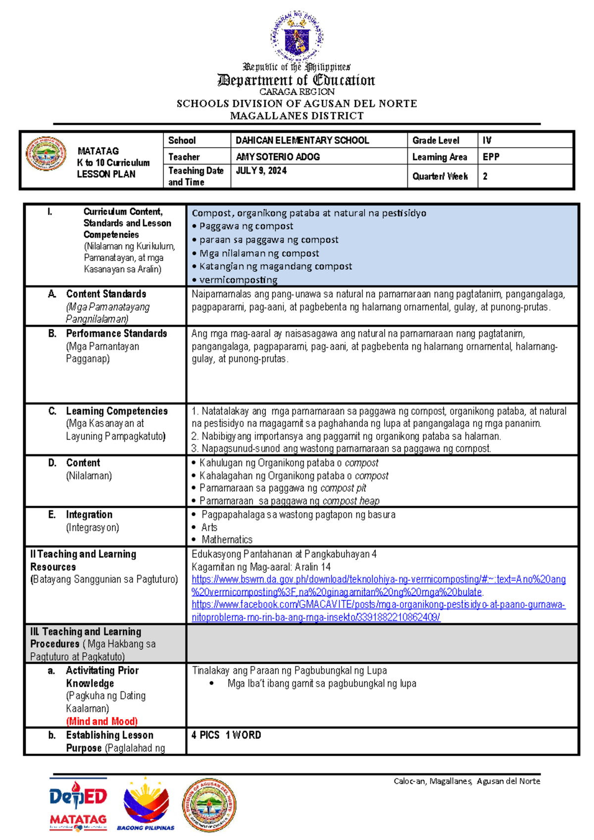 Matatag Lesson-Plan-Template-Final EPP - Department of Education CARAGA ...