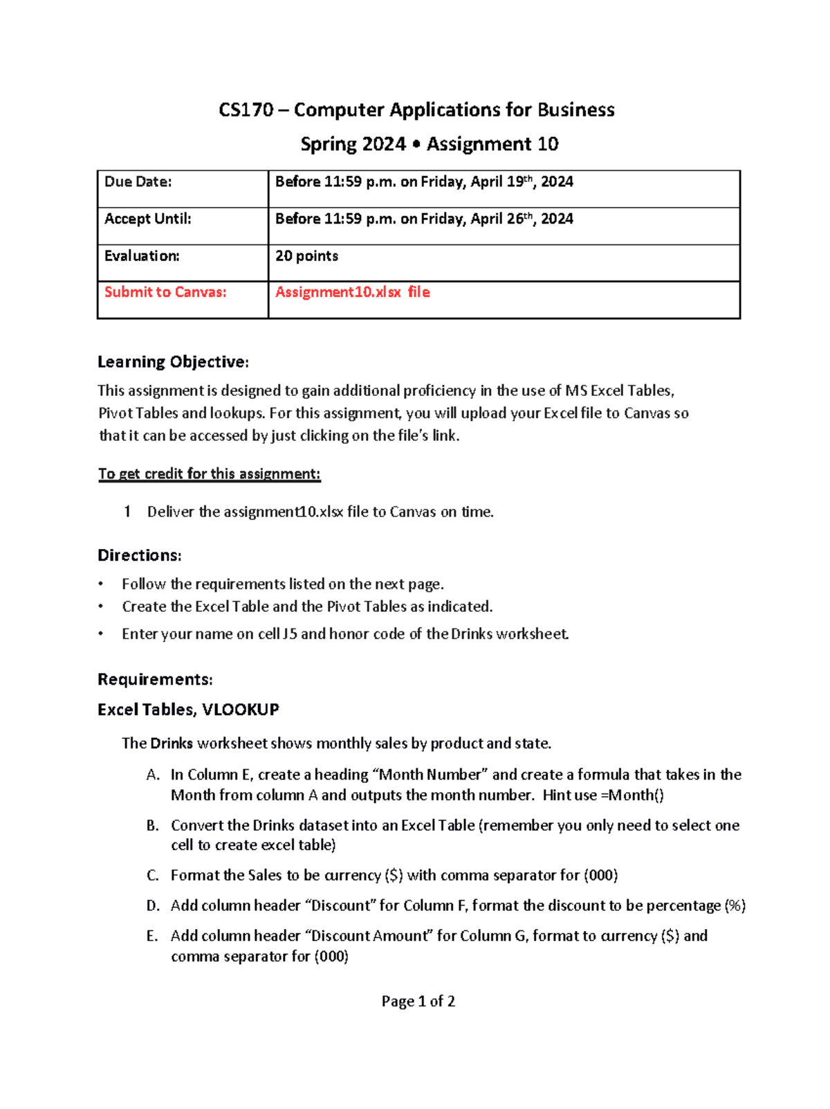 Assignment 10 Instructions - Page 1 of 2 CS170 – Computer Applications for Business Spring 2024 ...