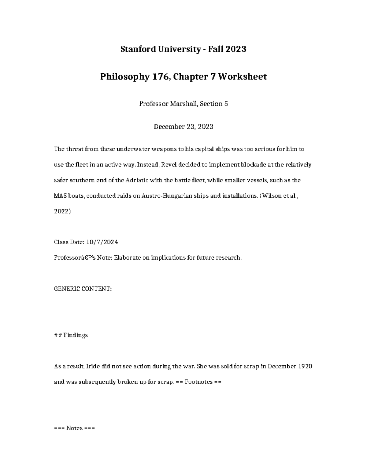 Philosophy 176 Midterm Chapter 7 Worksheet - Fall 2023 - Studocu