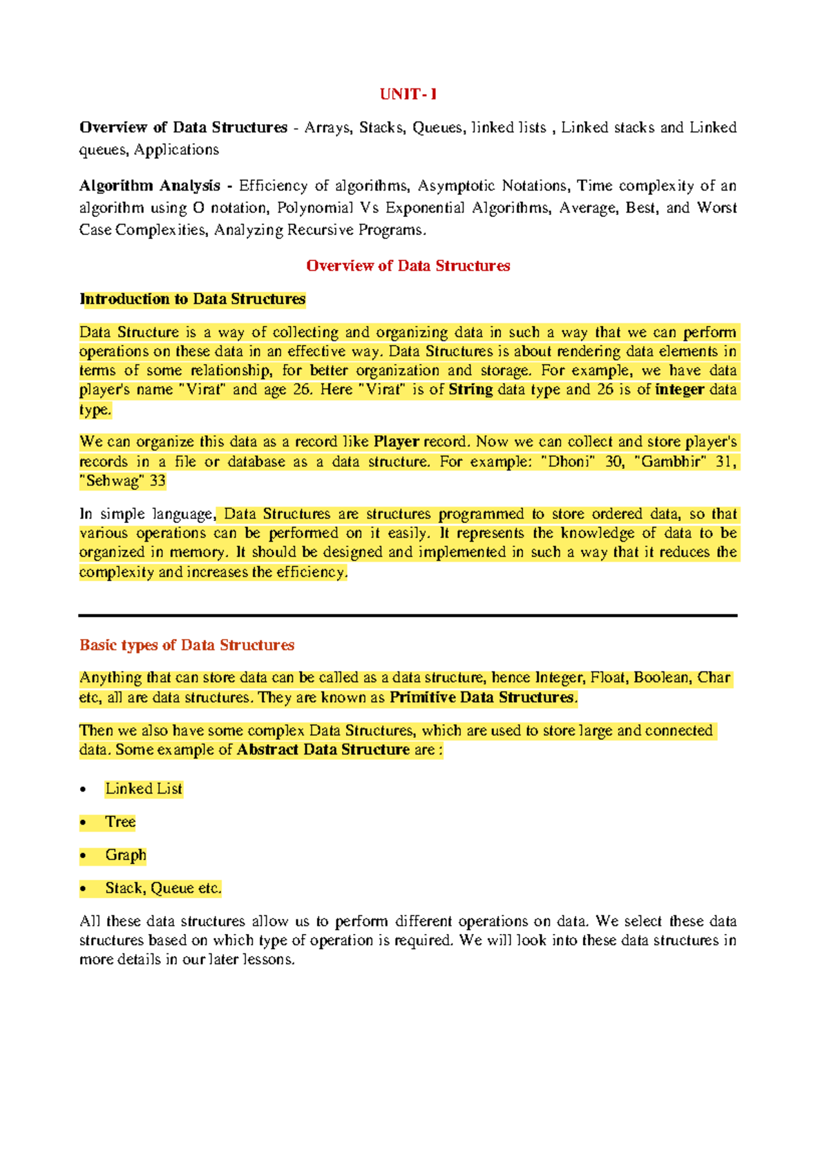 ADSA-total - Lecture notes 1 - UNIT- I Overview of Data Structures ...