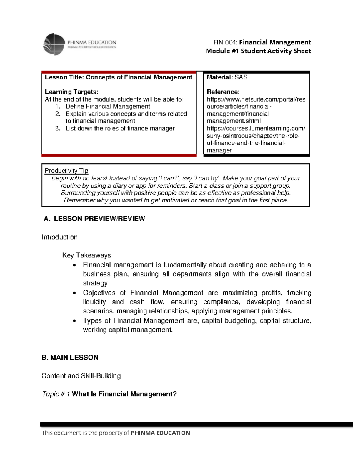 FIN 004: Financial Management Concepts & Key Takeaways Lesson - Studocu
