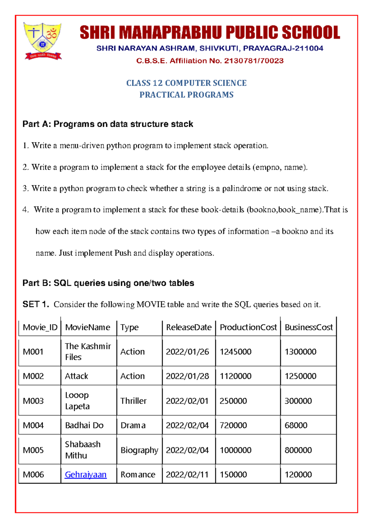 Practical Programs and SQL Queries for Class 12 Comp Sci Term-2 - Studocu