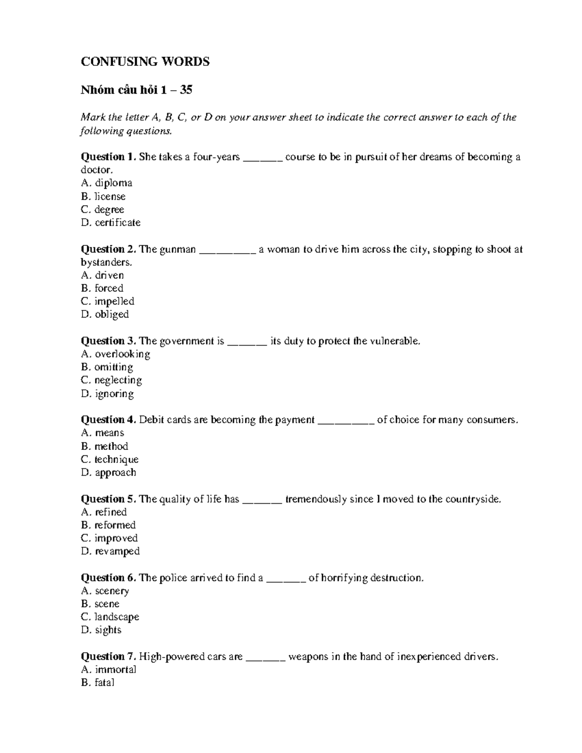 Confusing Words Quiz - Questions 1 to 35 - Studocu