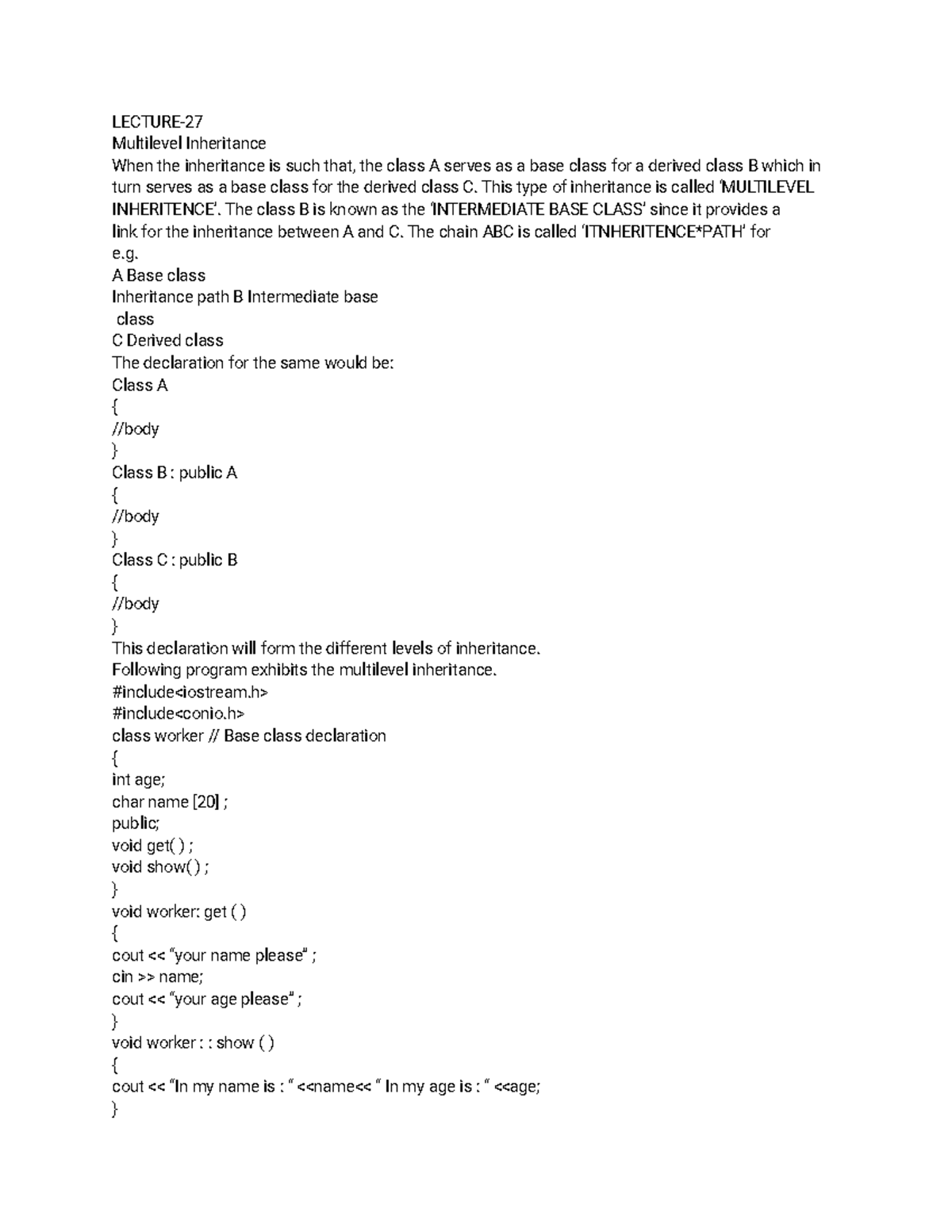 Object Oriented Programming 11 - LECTURE- Multilevel Inheritance When ...