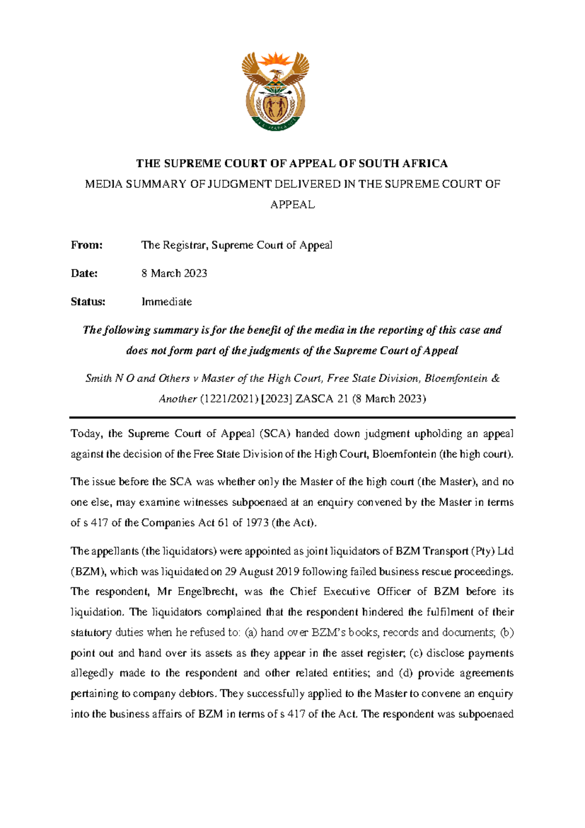 Smith N O & Others v Master of the High Court: SCA Judgment Summary ...