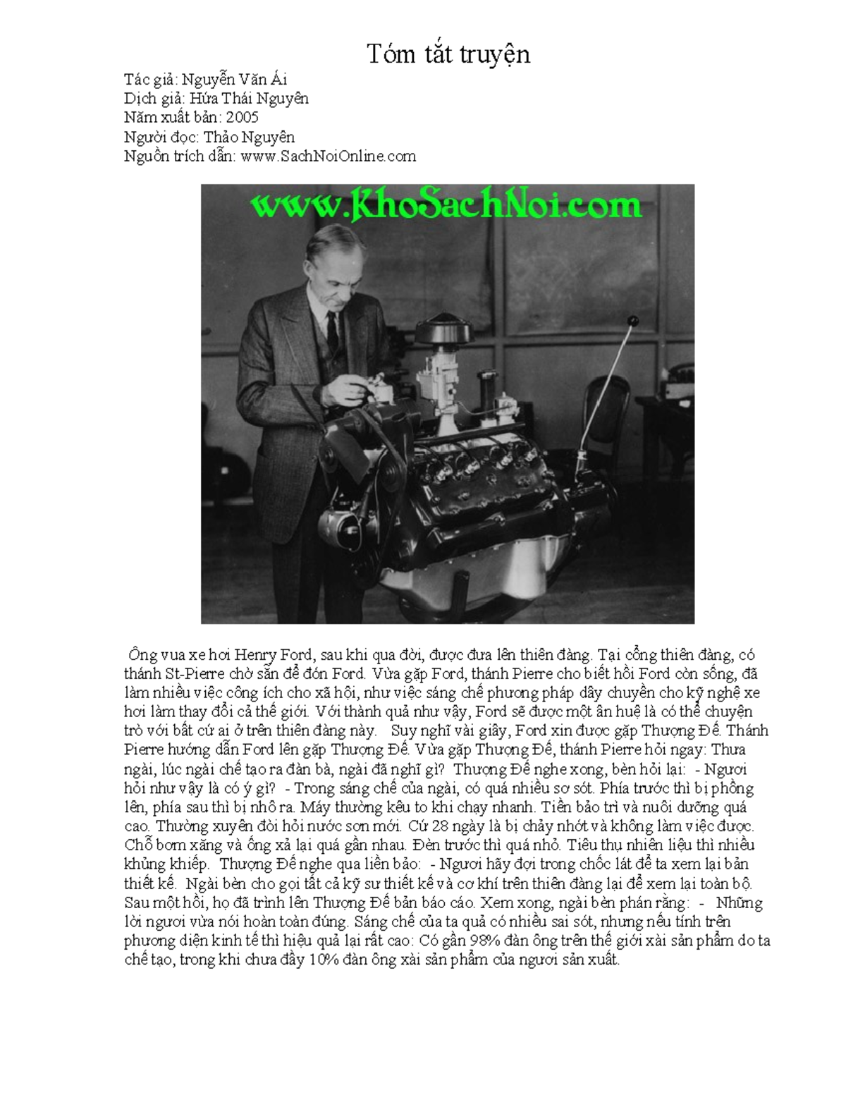 Tóm tắt truyện Henry Ford - Vua Xe Hơi: Sáng chế và Sai sót - Studocu