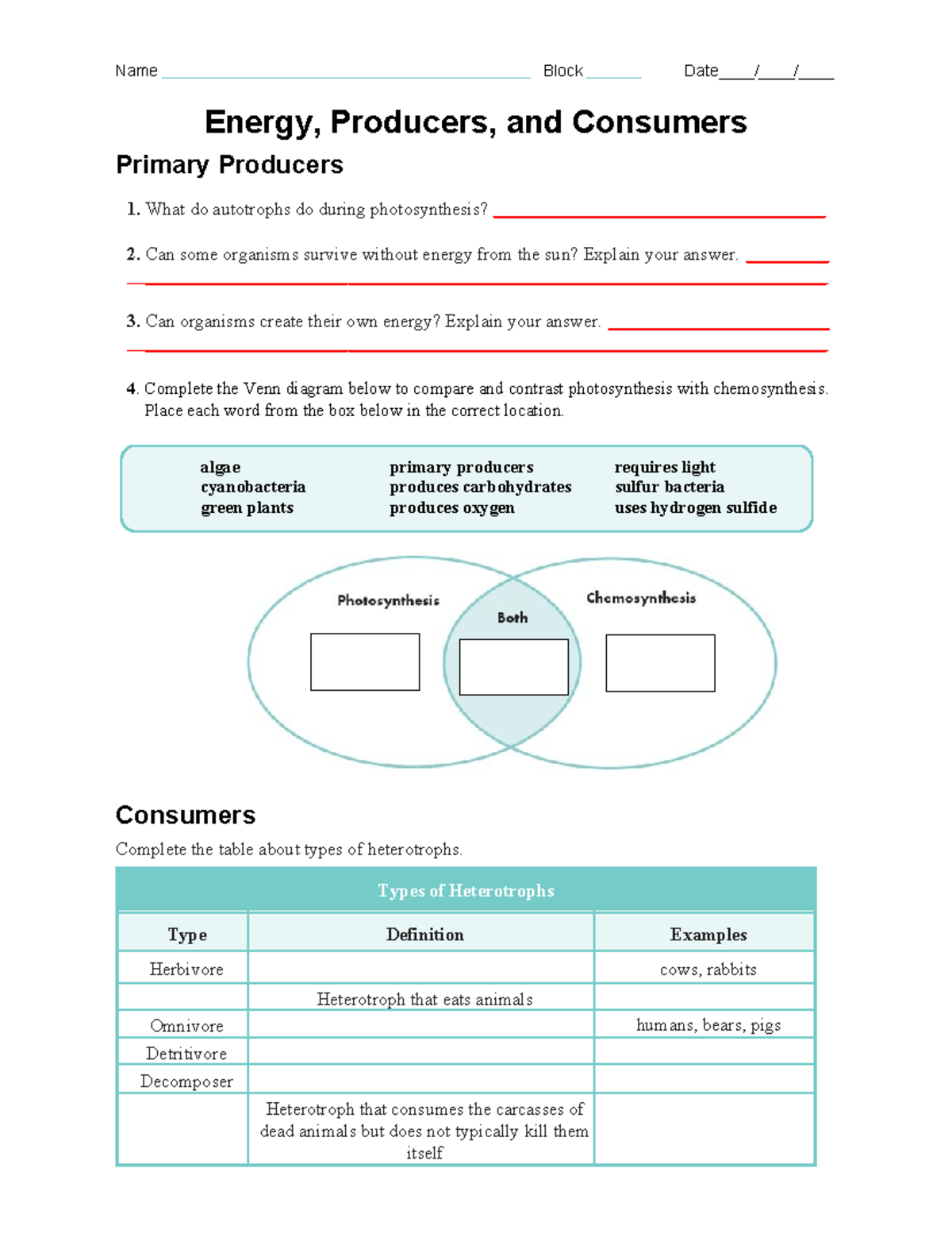 Energy Producers and Consumers Worksheet for Biology 101 - Studocu