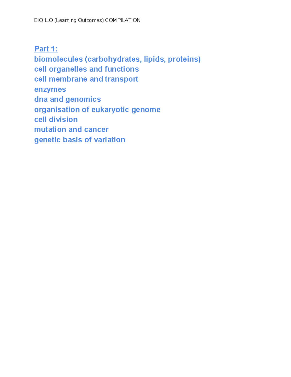 BIO L.O Compilation P1: Learning Outcomes on Biomolecules & Cell ...