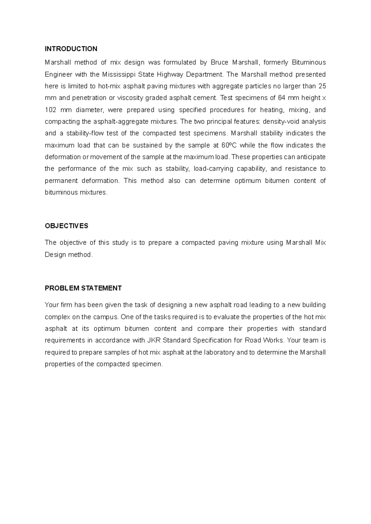 LAB Report: Marshall Method for Hot-Mix Asphalt Design - Studocu