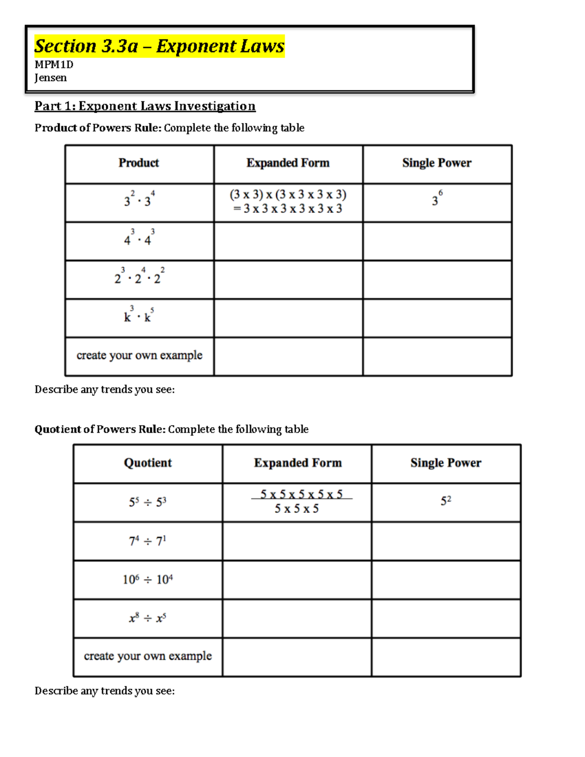 3.3a+ls+exponent+laws - Section 3 – Exponent Laws MPM1D Jensen Part 1 ...
