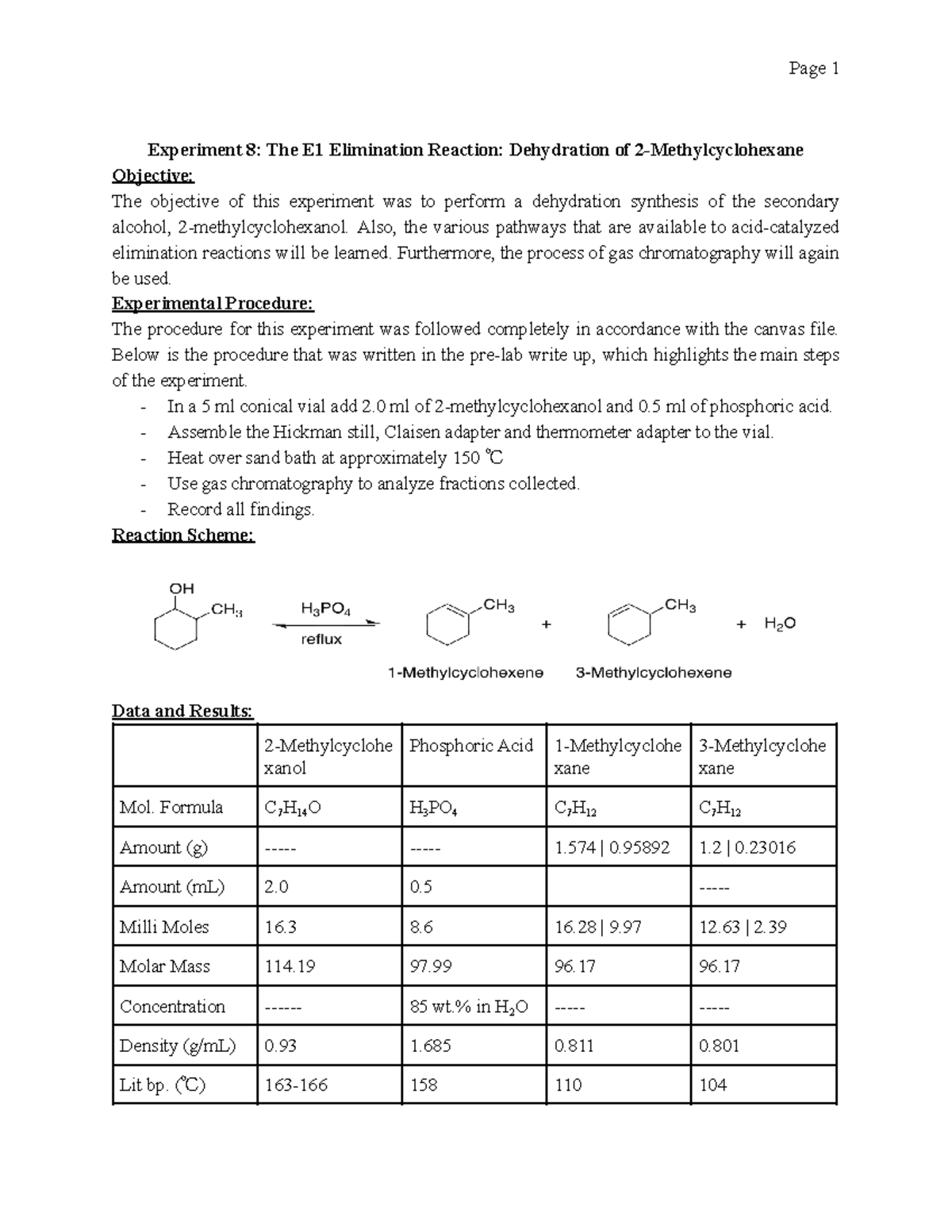 Lab Report 8 - Experiment 8: The E1 Elimination Reaction: Dehydration of 2-Methylcyclohexane ...